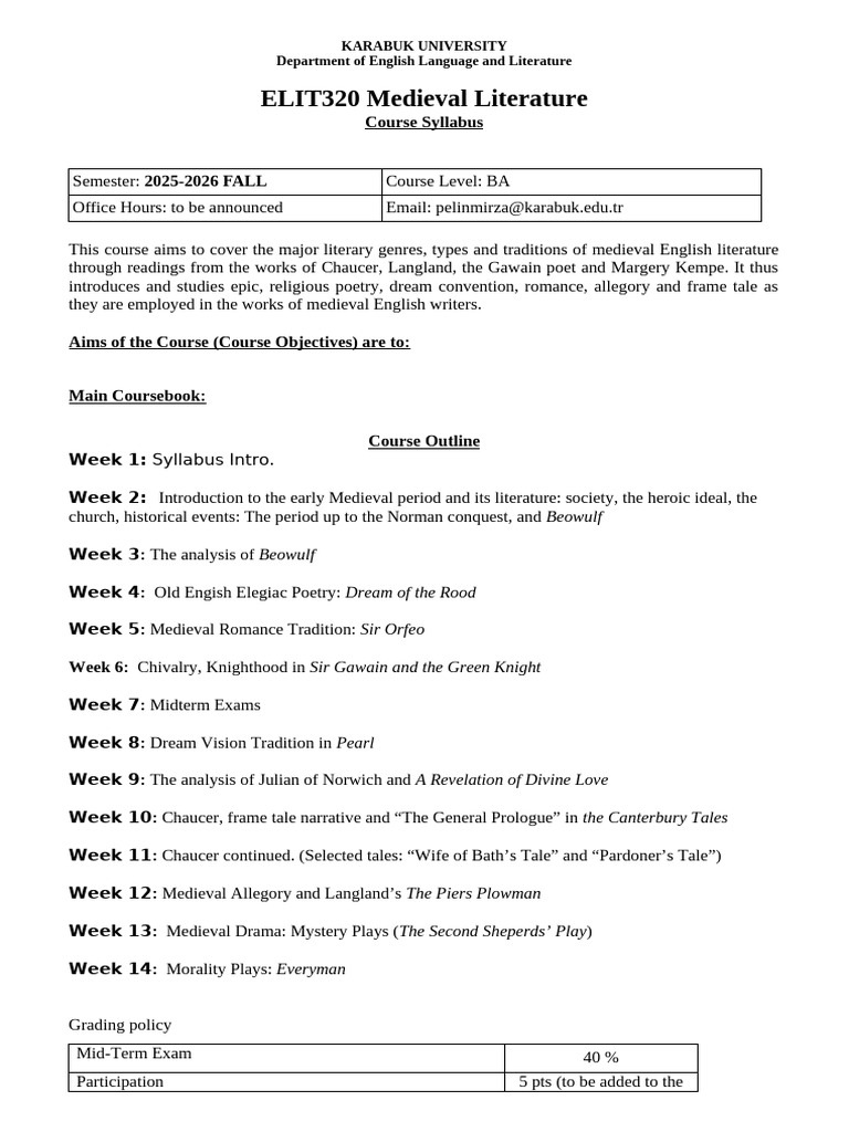 Medieval Literature Course Syllabus | PDF | English Literature ...