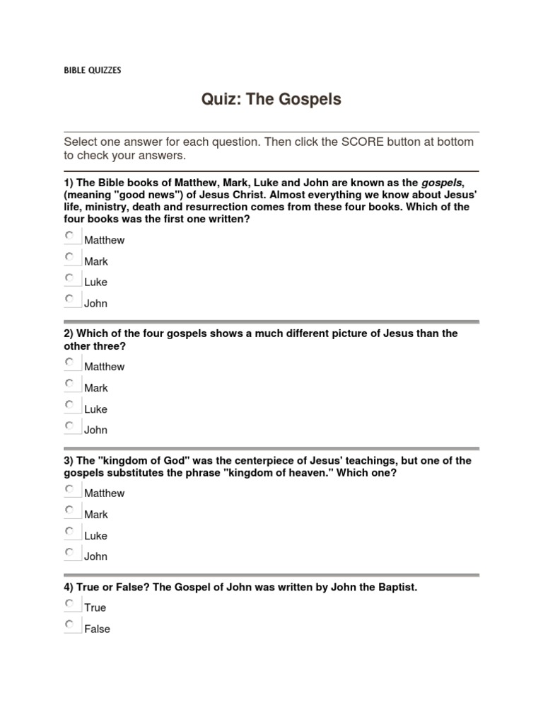 Bible Quizzes | PDF | Bible | Gospel Of John