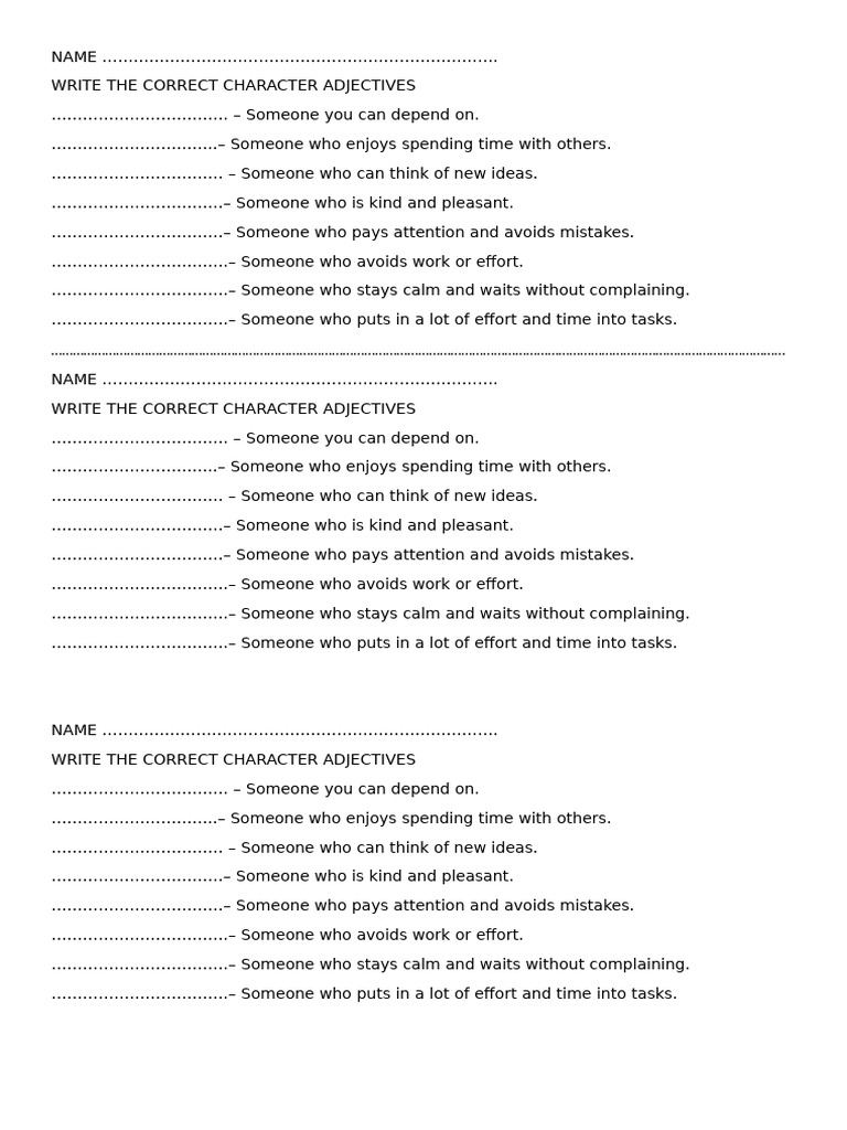 Character Adjectives Worksheet | PDF