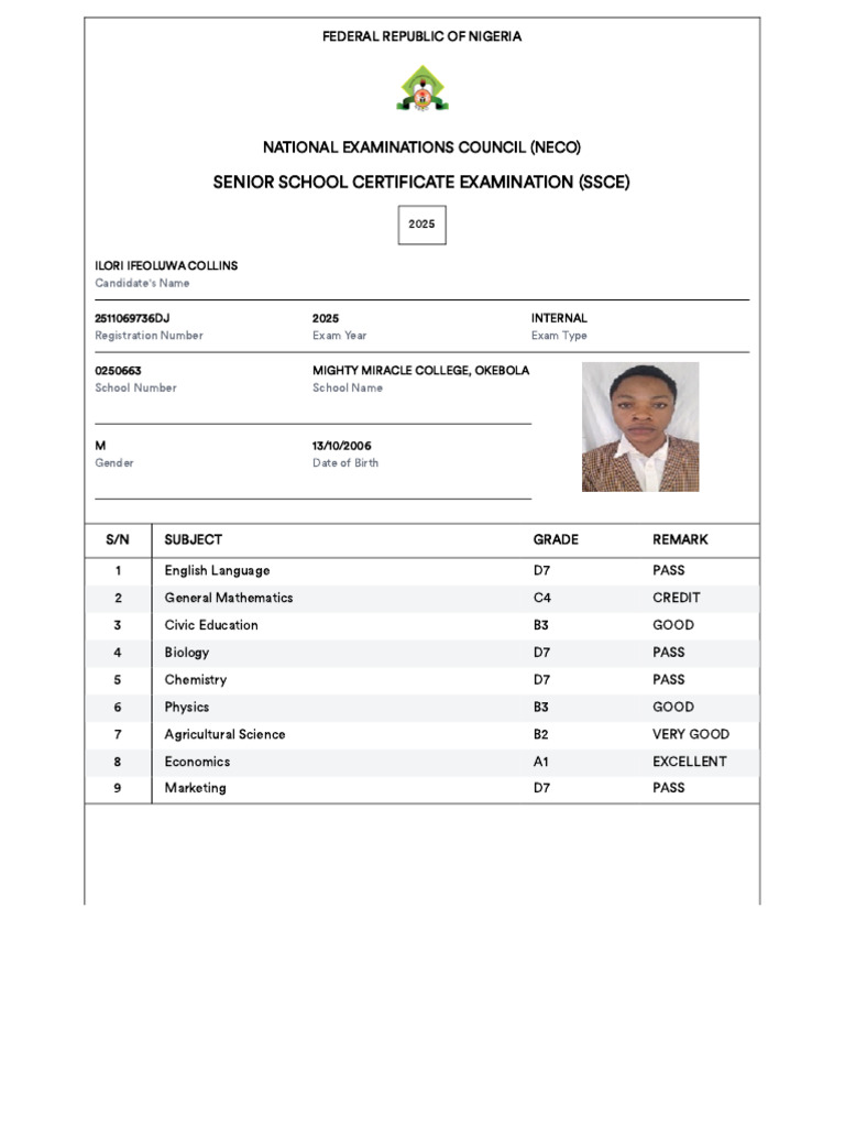 NECO 2025 SSCE Results for Ilori Ifeoluwa Collins | PDF