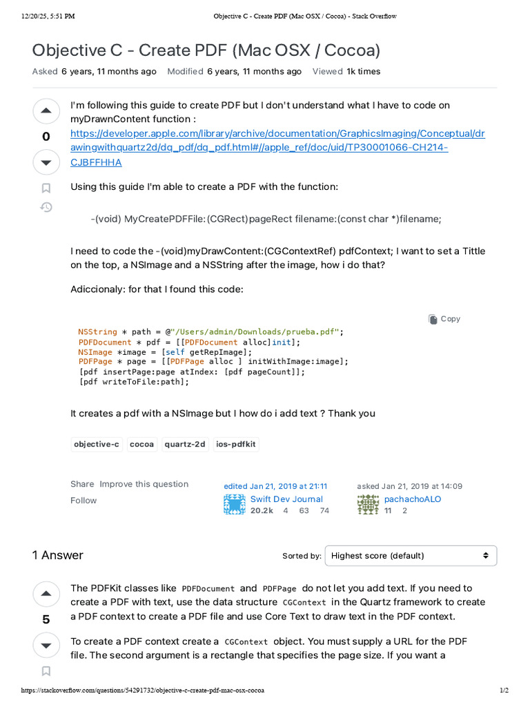 Objective C - Create PDF (Mac OSX _ Cocoa) - Stack Overflow | PDF | Objective C | Cocoa (Api)