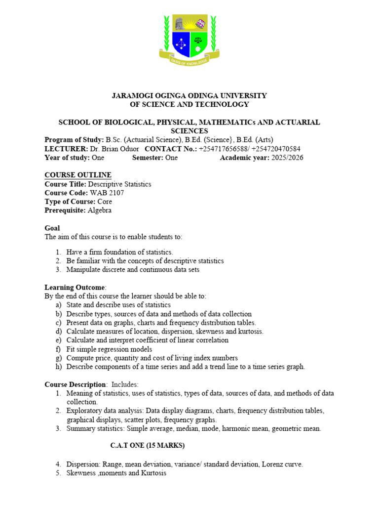 WAB 2107 Descriptive Statistics Course outline | PDF | Cost Of Living ...