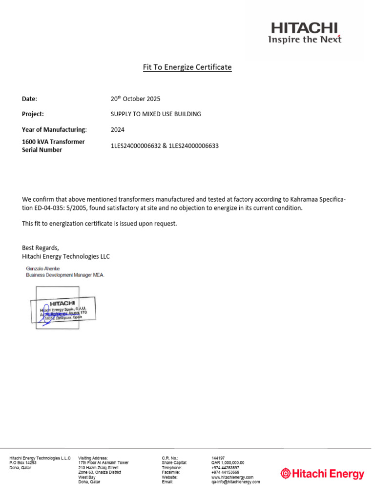 Fit to Energize Certificate for Transformers | PDF