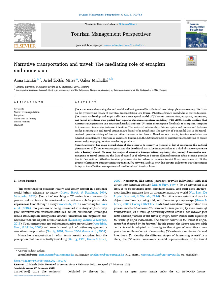 Narrative Transportation and Travel The Mediating Role of Escapism and ...