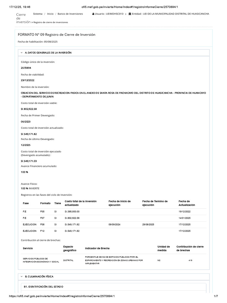 FORMATO N° 09 Registro de Cierre de Inversión (1) | PDF | Economias ...