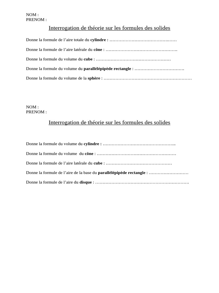 Formules des solides géométriques | PDF