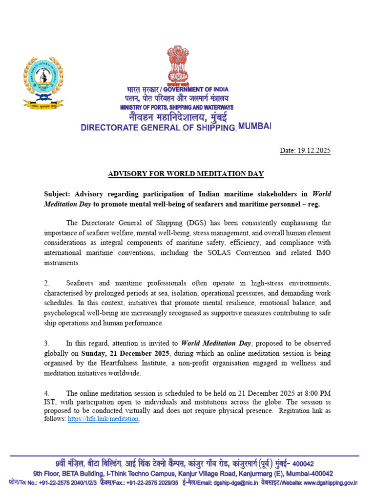 World Meditation Day Advisory for Seafarers | PDF | Well Being | Sailor