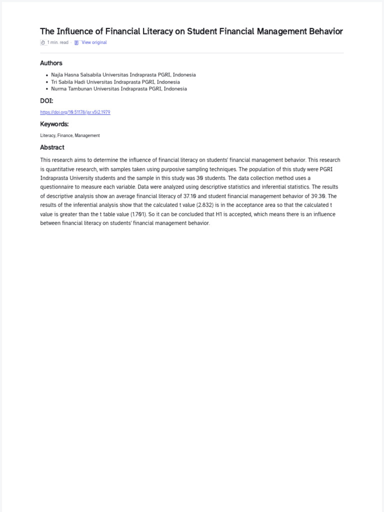 The Influence of Financial Literacy on Student Financial Management ...