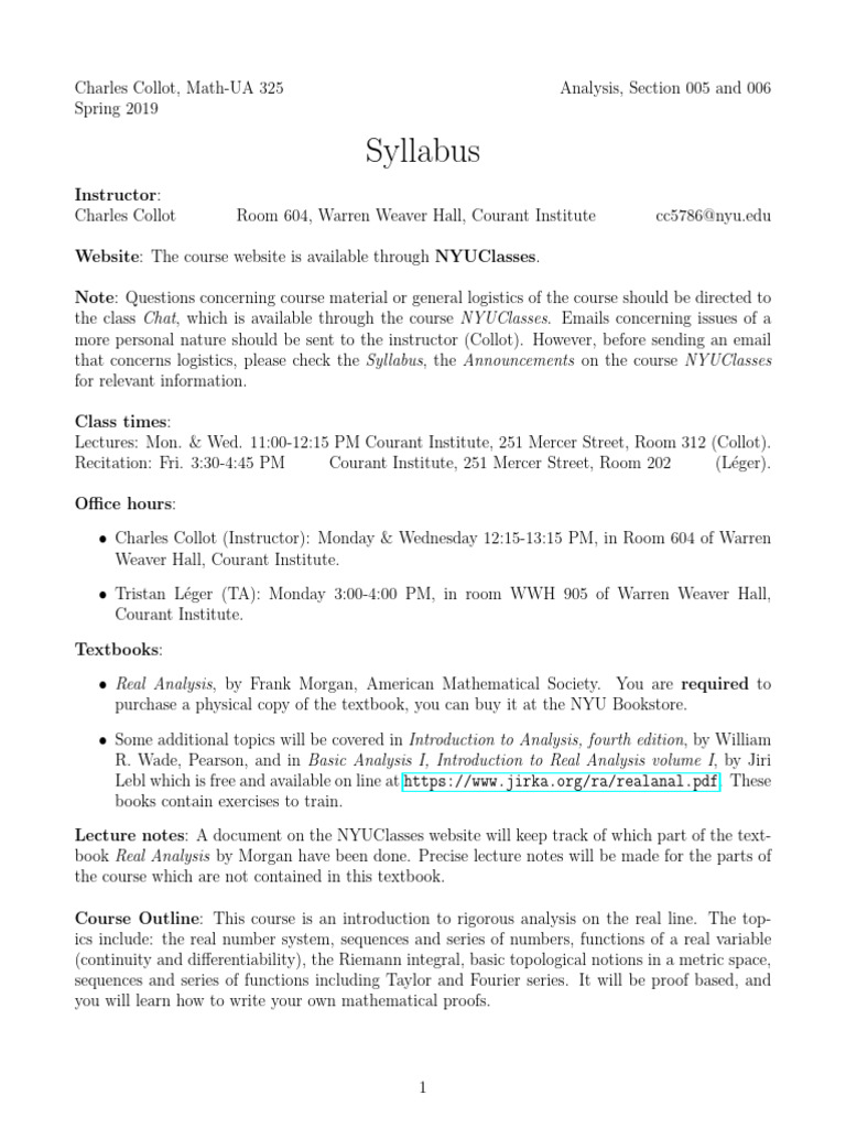 Math Ua325 Spring2019 Syllabus | PDF | Mathematical Analysis ...