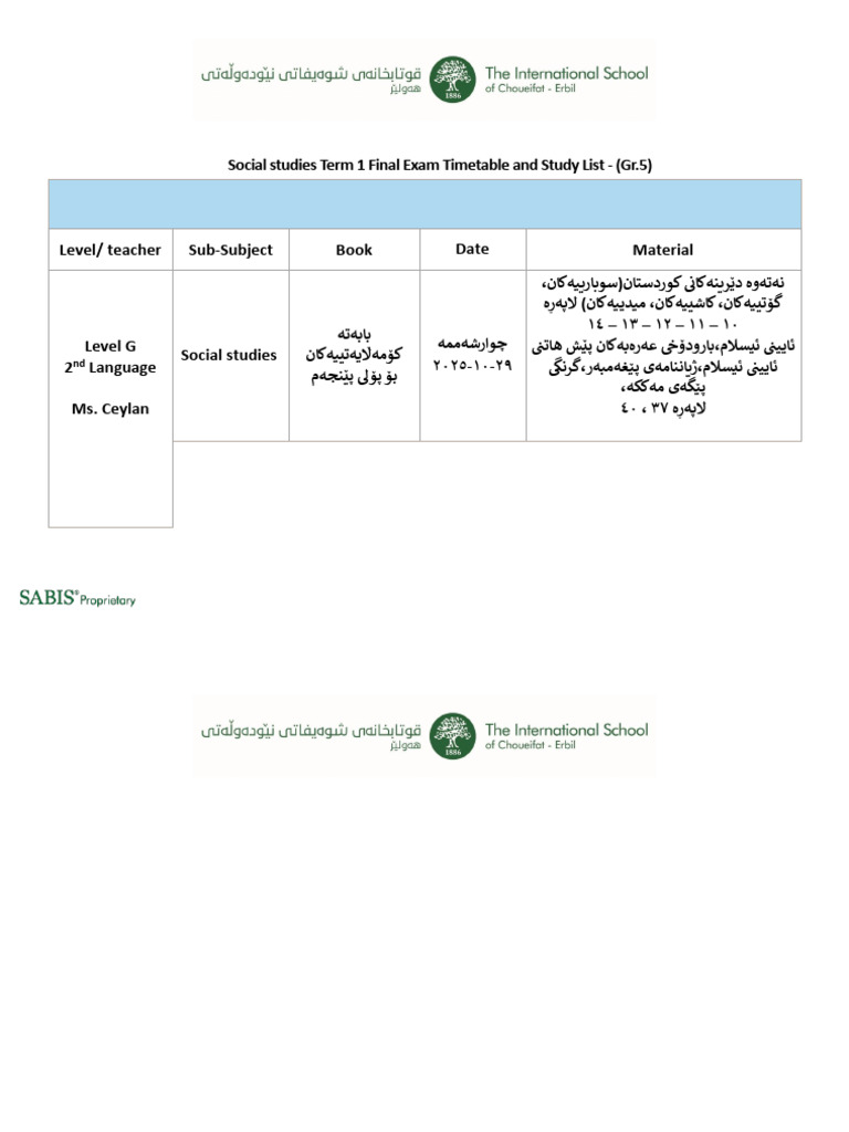 2526 T1 Grade 5 Kurdish Social Studies Final Study List | PDF