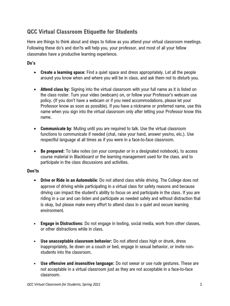 QCC Virtual Classroom Etiquette Guide | PDF | Distance Education