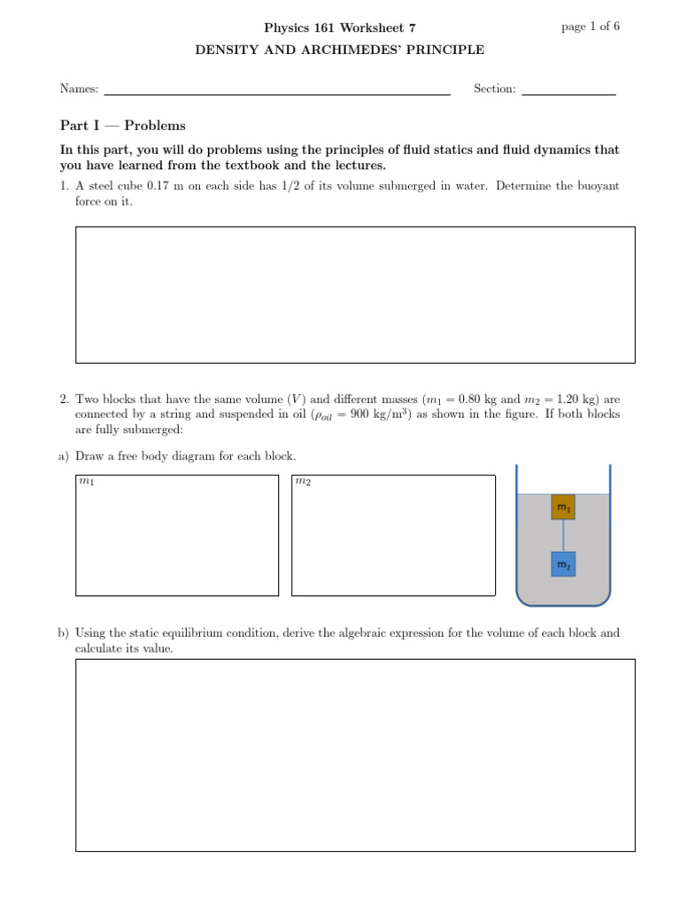 Density and Archimedes' Principle Worksheet | PDF | Buoyancy | Pressure