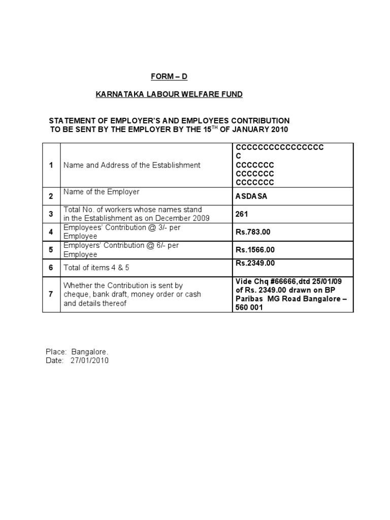 Labour Welfare Fund Form D | Bangalore | Cheque