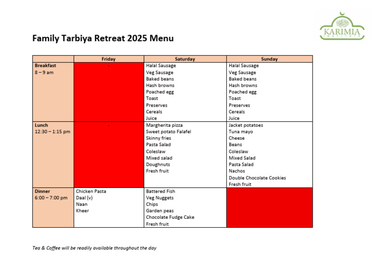 Family Retreat 2025 Menu Overview | PDF
