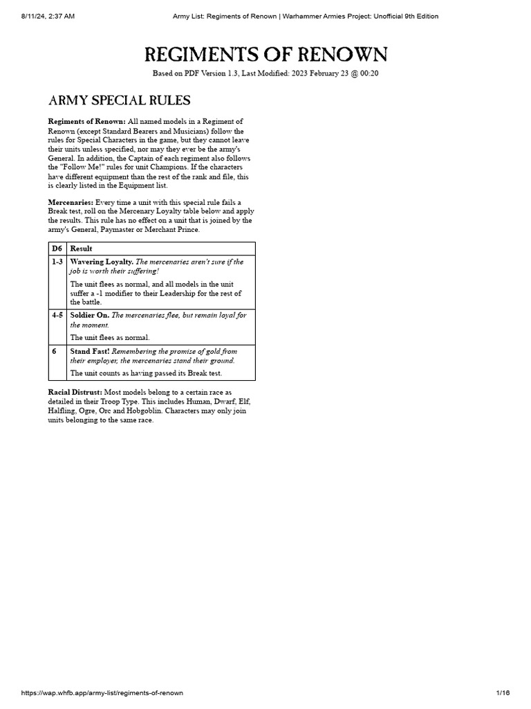 Army List - Regiments of Renown - Warhammer Armies Project - Unofficial ...