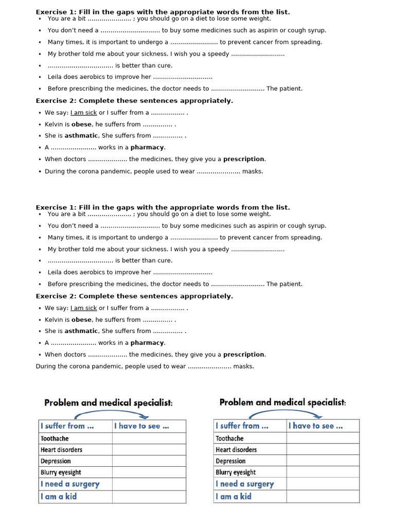 Health Vocabulary Gap Fill Exercises | PDF