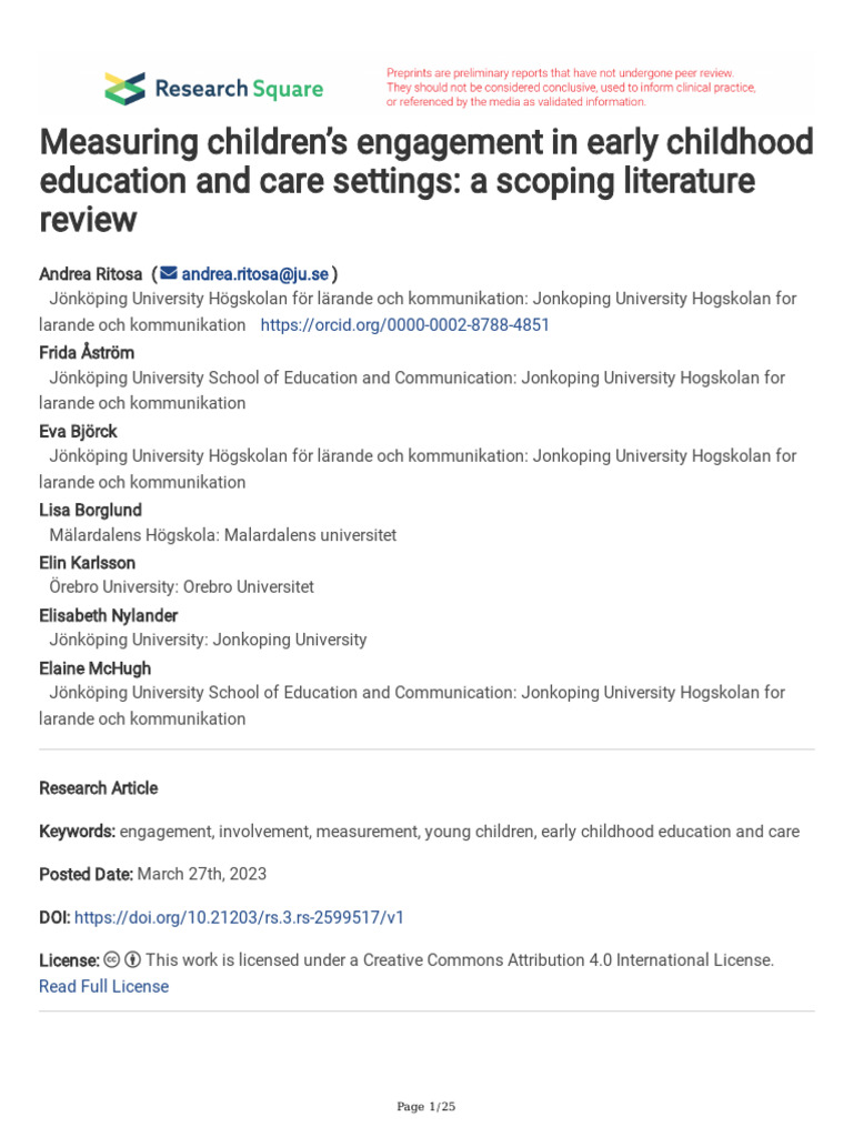 Measuring Engagement in Early Childhood Education | PDF | Preschool ...