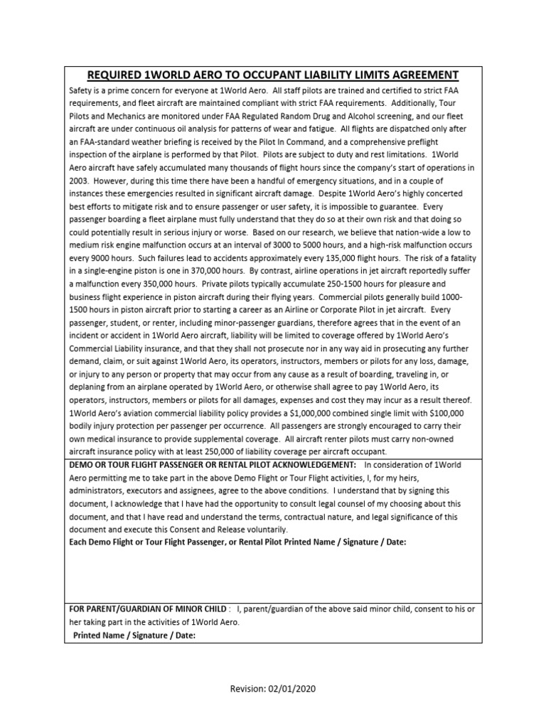 Required 1world Aero To Passenger Liability Limits Agreement | PDF ...