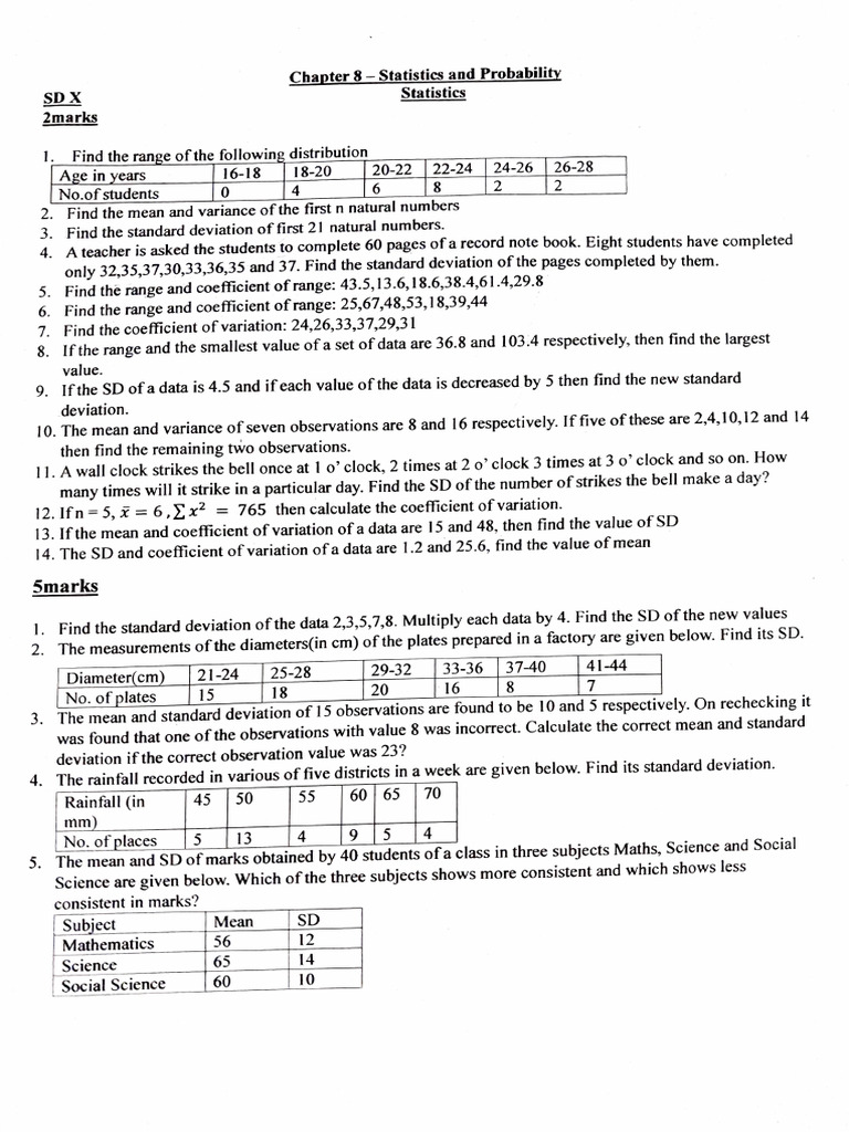 STD 10 Maths - Stats Work Sheet | PDF | Standard Deviation | Probability