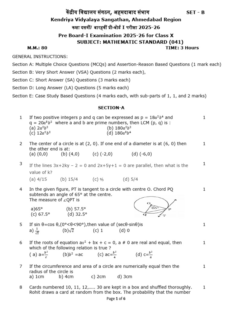 x Maths Stnd Qp Set b | PDF | Circle | Classical Geometry