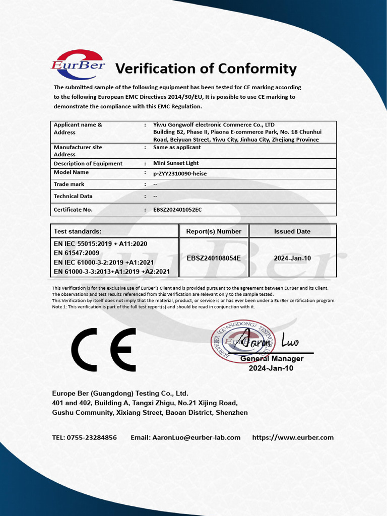 Verification of Conformity: EMC 2014/30/EU | PDF