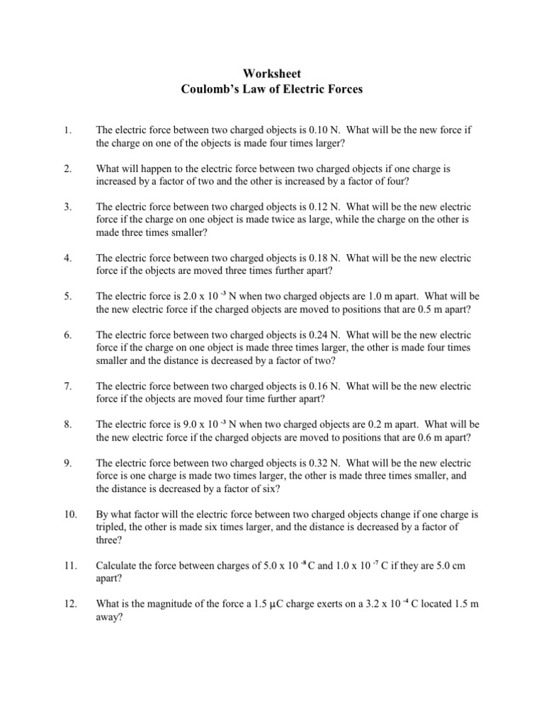 Coulombs Law Worksheet | PDF | Force | Mechanics