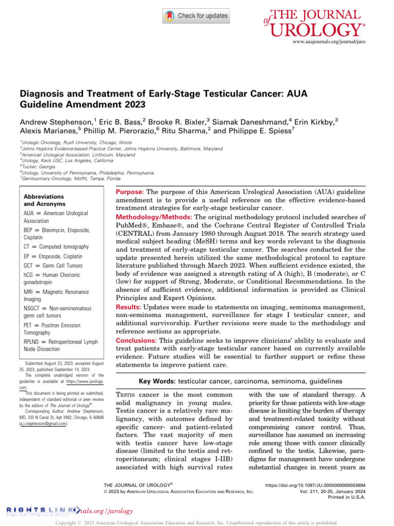 Stephenson Et Al 2023 Diagnosis and Treatment of Early Stage Testicular ...
