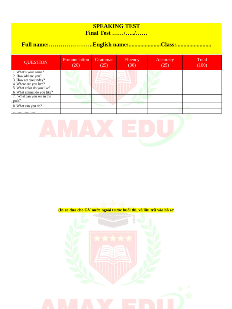 English Speaking Test Evaluation Form | PDF