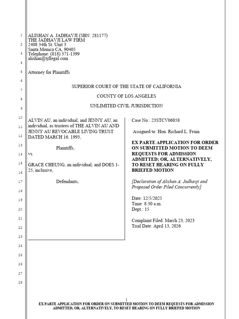 Ex Parte Application for Admission Order | PDF | Discovery (Law) | Ex Parte