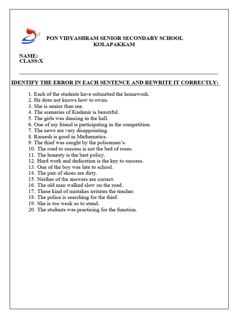 Class X-Error and Correction Grammar Worksheet | PDF