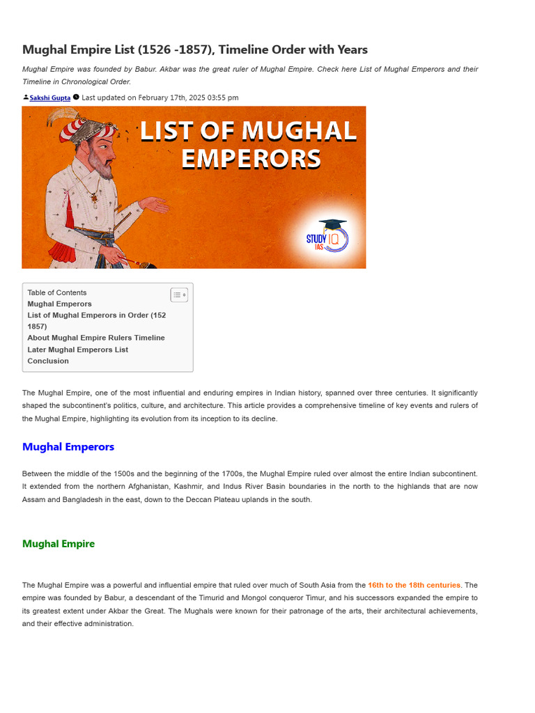 Mughal Empire Timeline and Emperors List | PDF | Mughal Empire