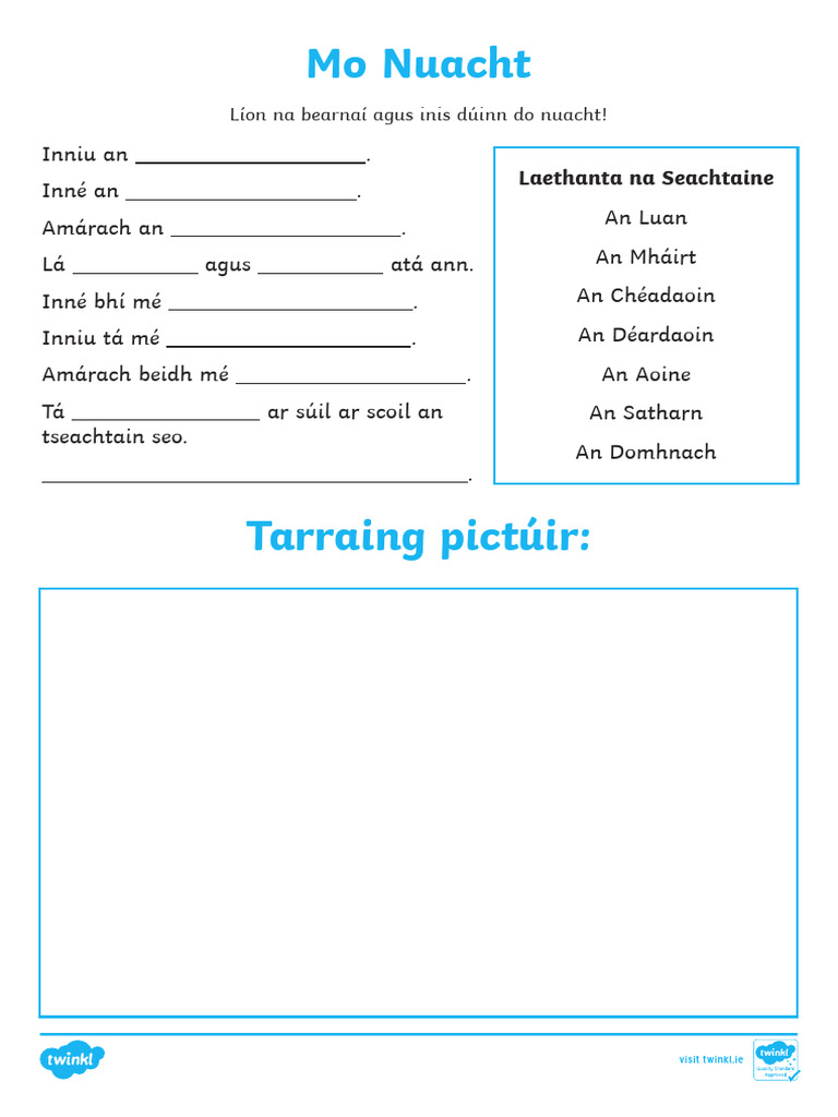 Mo Nuacht Writing Activity Sheet Gaeilge | PDF