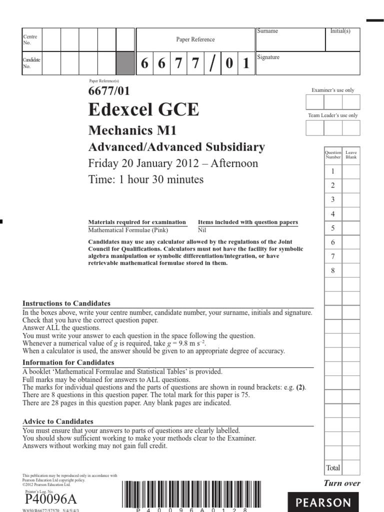 M1 January 2012 Question Paper | PDF | Acceleration | Test (Assessment)