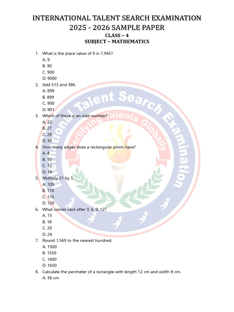 Class 4 Math Sample Paper 2025-2026 | PDF | Triangle | Elementary Geometry