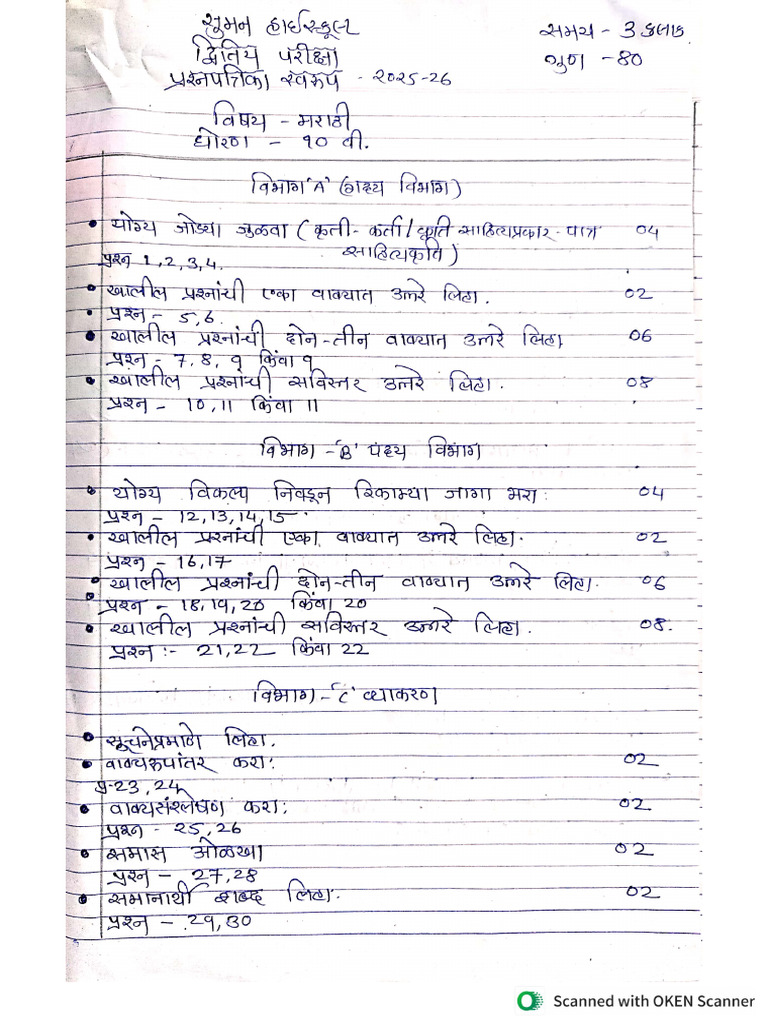 10th Marathi Second Term Paper Pattern 2025-26 | PDF