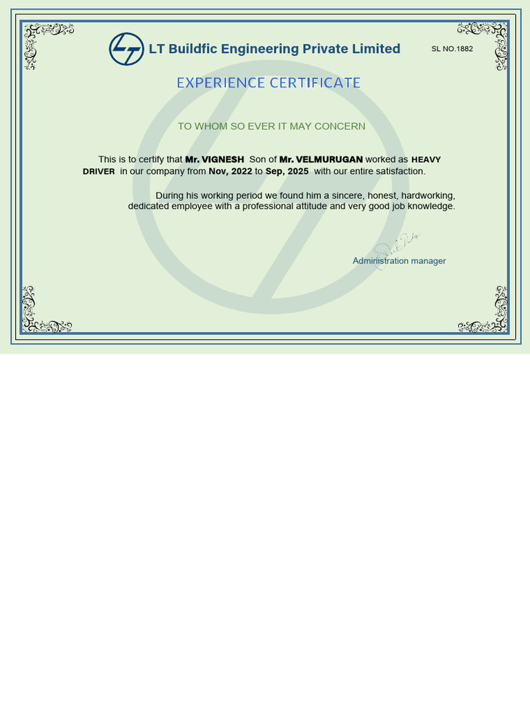 Employment Certificate for Heavy Driver | PDF