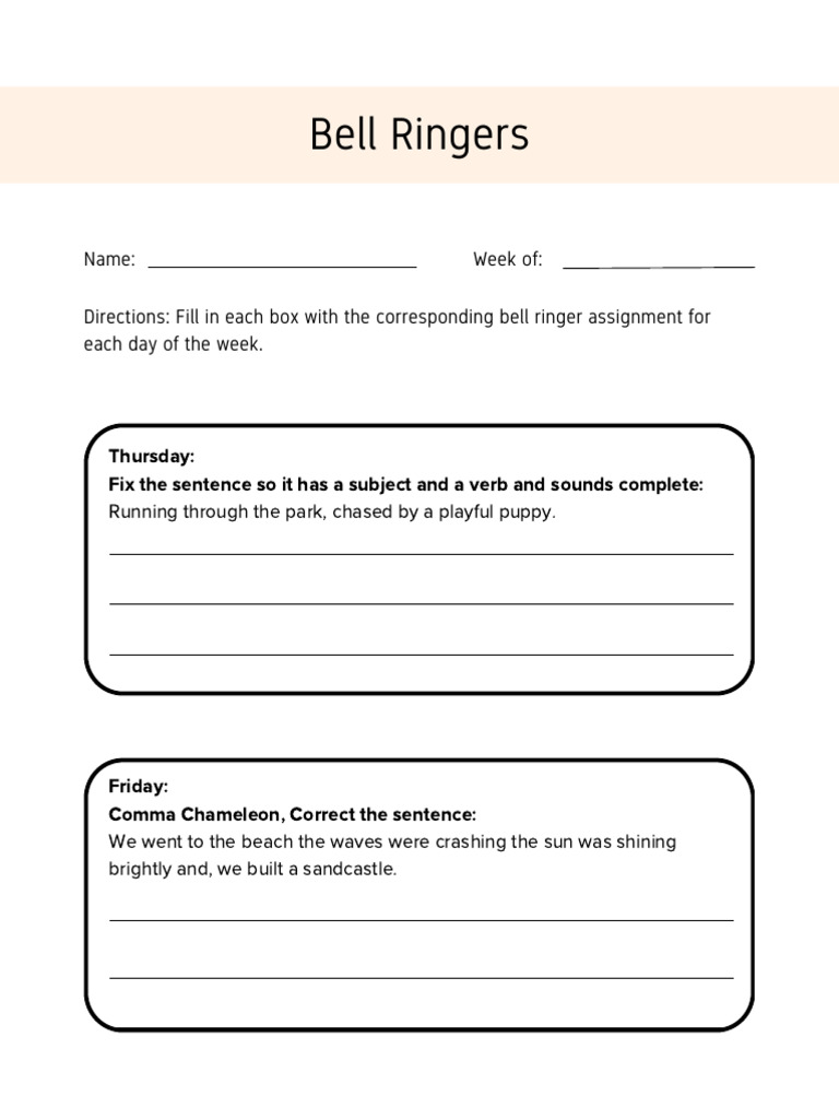 Bell Ringer, First Week of School Honors | PDF