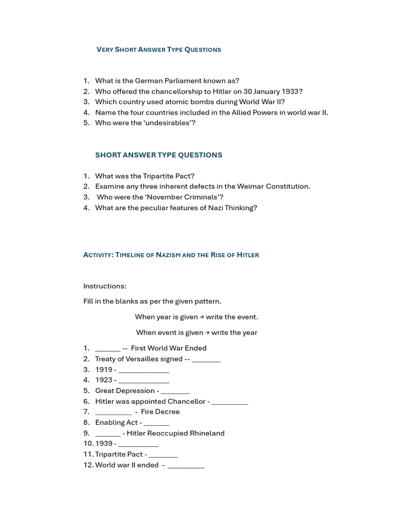 Nazism and The Rise of Hitler Practice Set | PDF