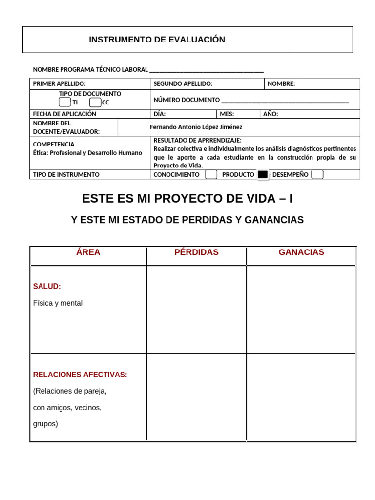 1. Instr Evaluación Ética i Proyecto de Vida | PDF
