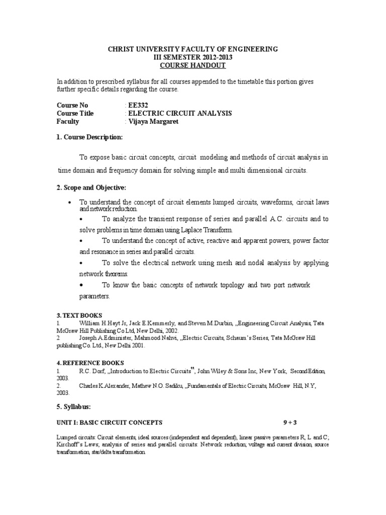 EE332 - Electric Circuit Analysis Course Plan | PDF | Electrical ...
