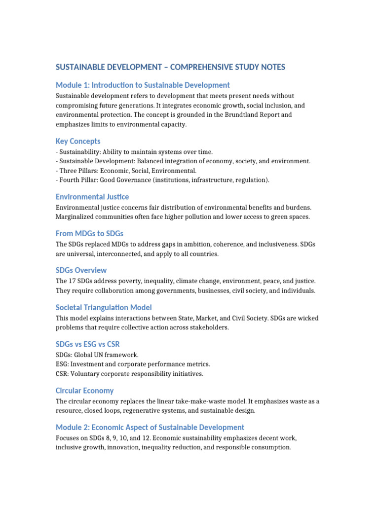 Sustainable Development Study Notes | PDF | Sustainability ...