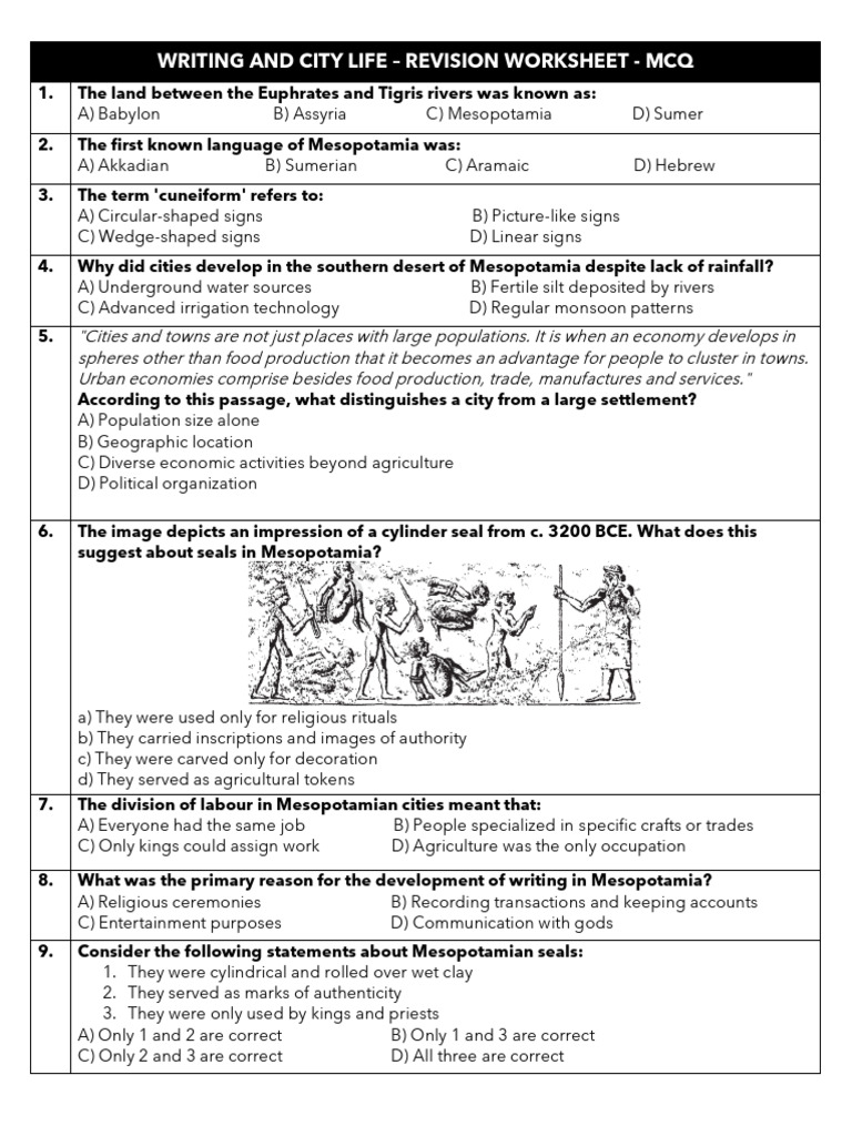 01 Writing City Life MCQ Revision Worksheet | PDF | Mesopotamia | Sumer