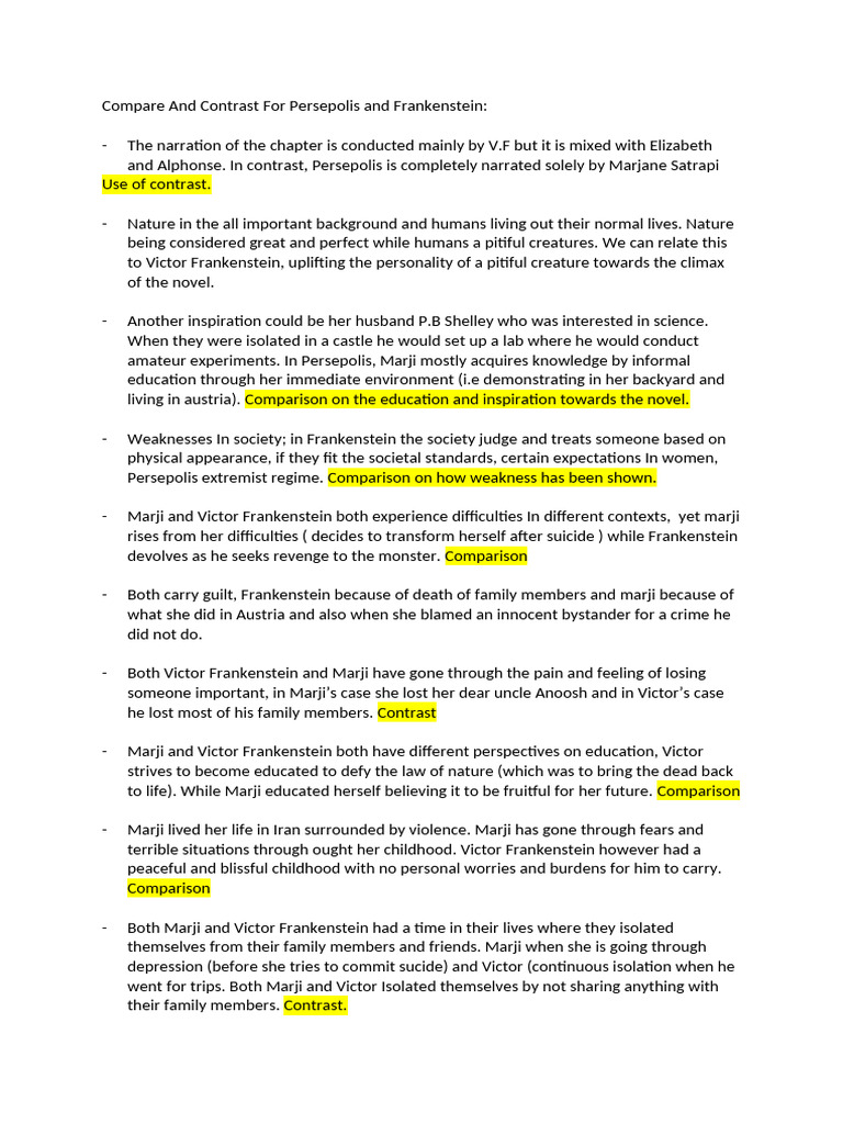 Compare and Contrast for Persepolis and Frankenstein | PDF | Frankenstein