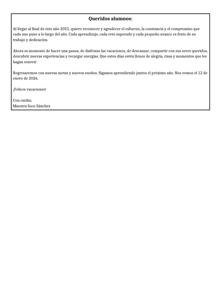 Mensaje Vacaciones Maestra Soco Sanchez 2 Por Hoja | PDF