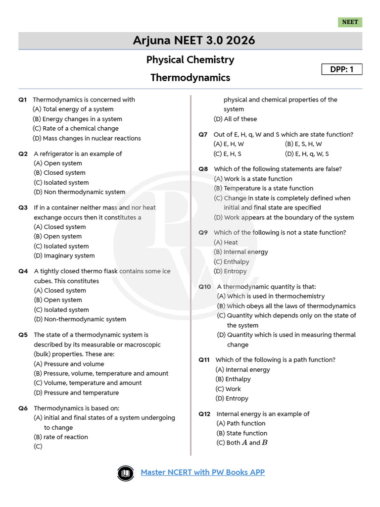 Thermodynamics : DPP 01 (of Lecture 02) || Arjuna NEET 3.0 2026 | PDF ...
