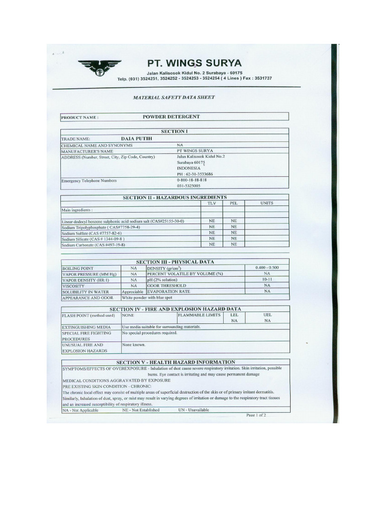 MSDS - Powder Detergent - Daia Putih PDF | PDF