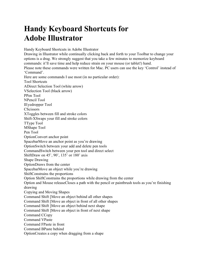 Keyboard Shortcuts For Adobe | PDF | Adobe Illustrator | Computer Keyboard
