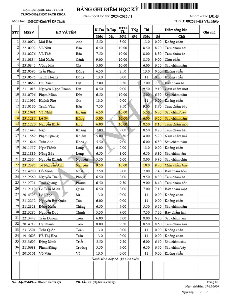 Bang diem nhap - 1.20241.IM1027.L01.B | PDF
