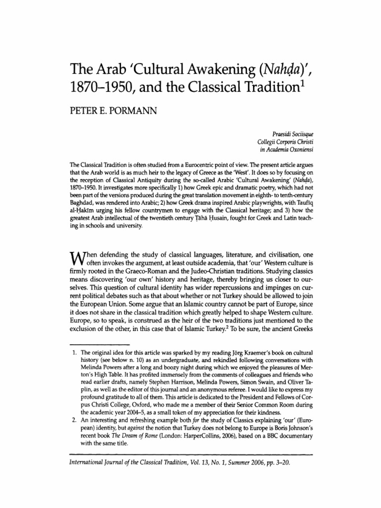 The Arab 'Cultural Awakening (Nahda) ', 1870-1950, and The Classical ...
