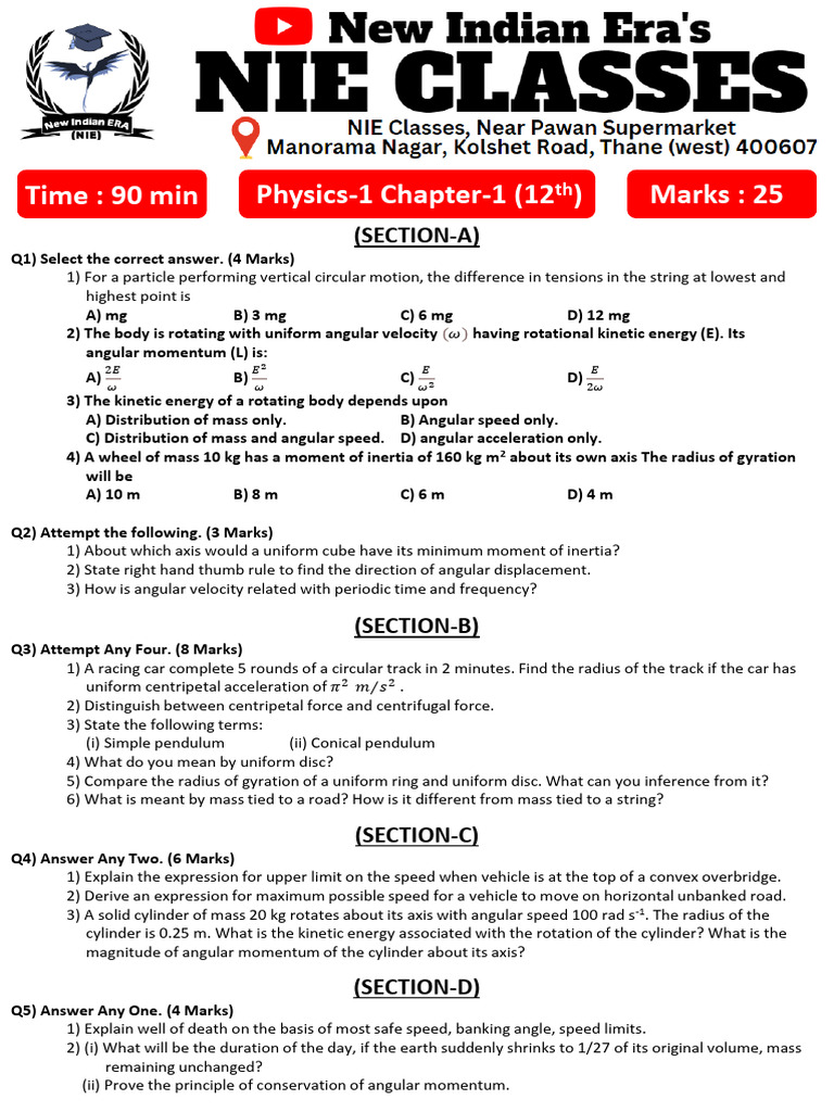 Chapter 1 Rotational Dynamics (Question Paper) 12 | PDF | Rotation ...